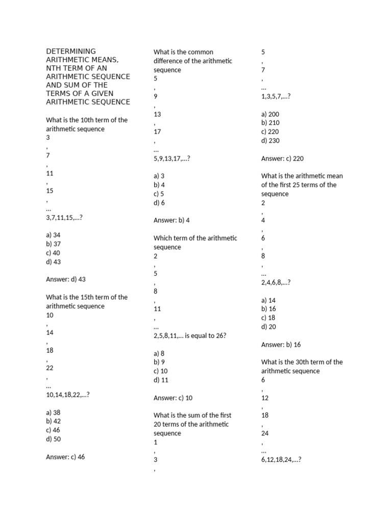DETERMINING ARITHMETIC MEANS, NTH TERM OF AN ARITHMETIC SEQUENCE AND SUM OF THE TERMS OF A GIVEN ...
