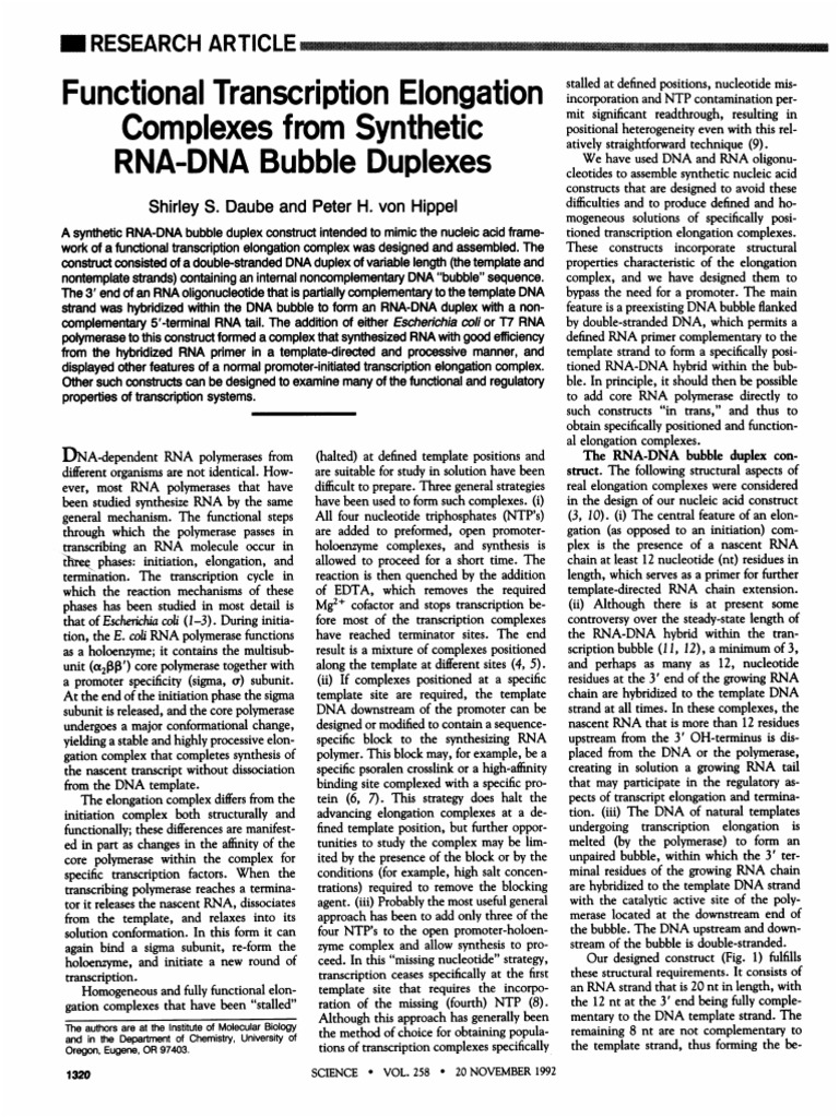 Functional Transcription Elongation Complexes From Synthetic RNA-DNA Bubble Duplexes / Science ...
