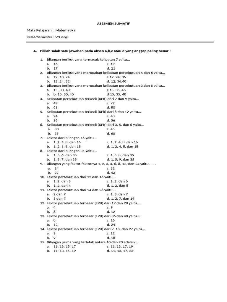 Sumatif Matematika Bab 2 | PDF