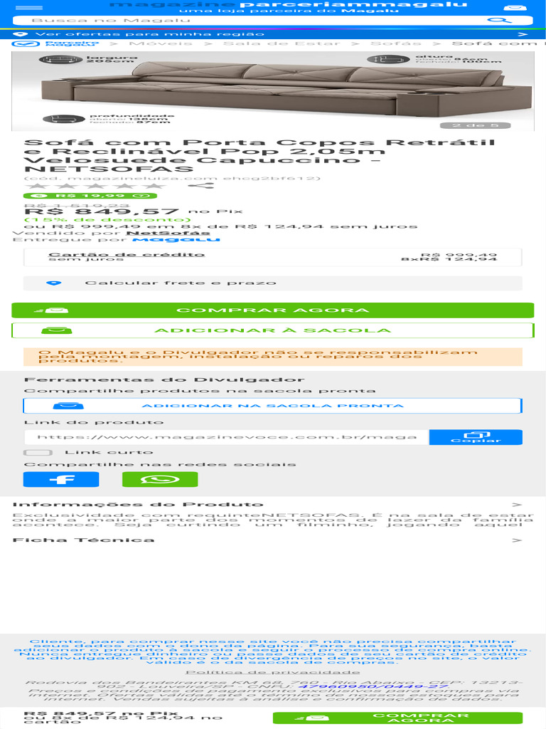 Sofá Com Porta Copos Retrátil e Reclinável Pop 2,05m Velosuede Capuccino - NETSOFAS - Sofás ...