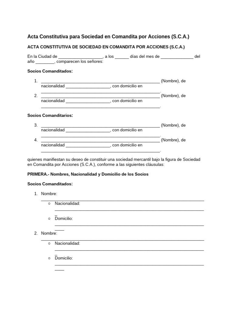 Acta Constitutiva para Sociedad en Comandita Por Acciones S.C.A | PDF | Sociedad de ...