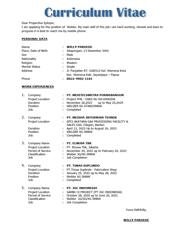 CV Willy Pardede - Welder | PDF