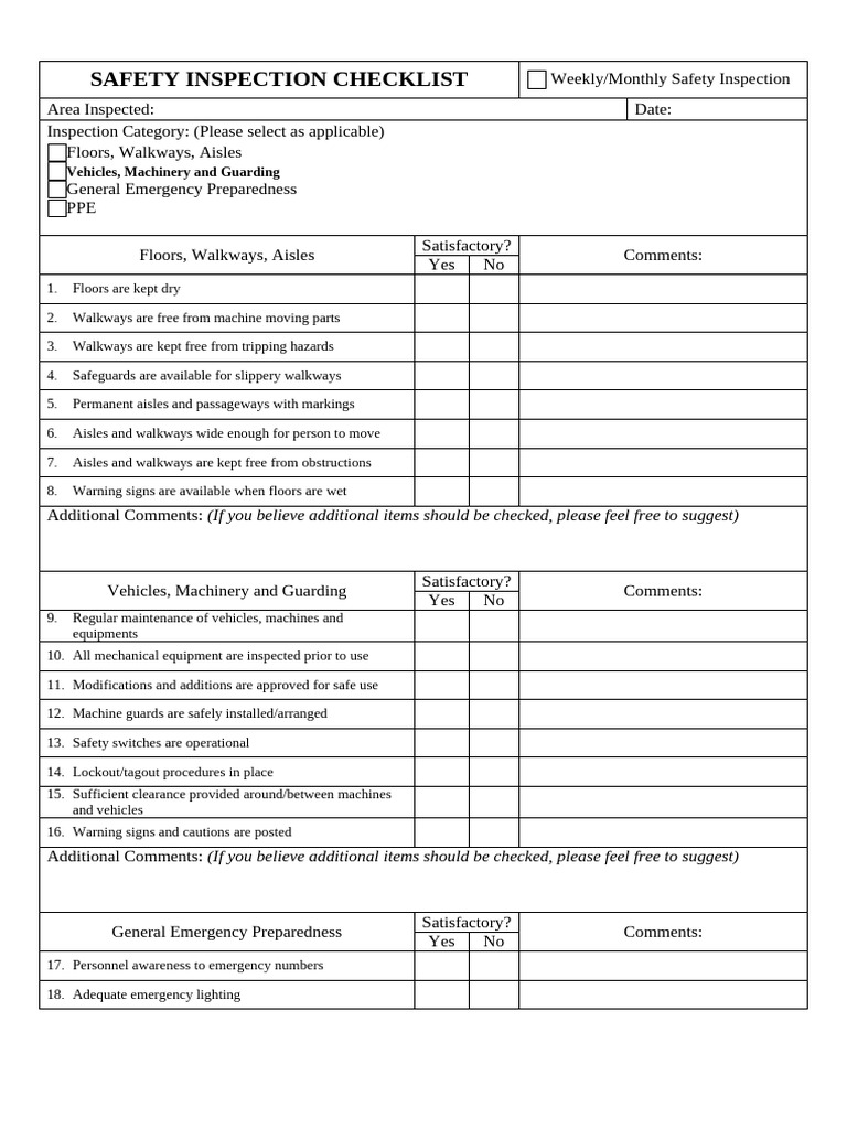 Weekly Safety Inspection Checklist | PDF | Personal Protective ...
