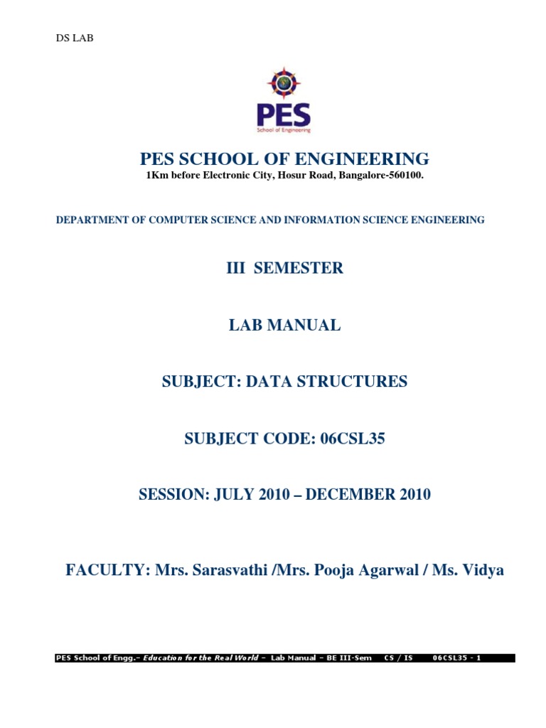 Pes School of Engineering: Iii Semester | PDF | Queue (Abstract Data Type) | Pointer (Computer ...