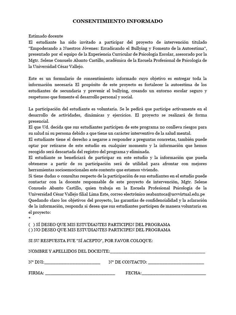 Consentimiento y Asentimiento Informado | PDF | Consentimiento informado