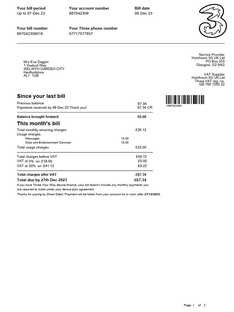 Three Mobile Bill Summary for Dec 2023 | PDF | Telephone Call | Roaming