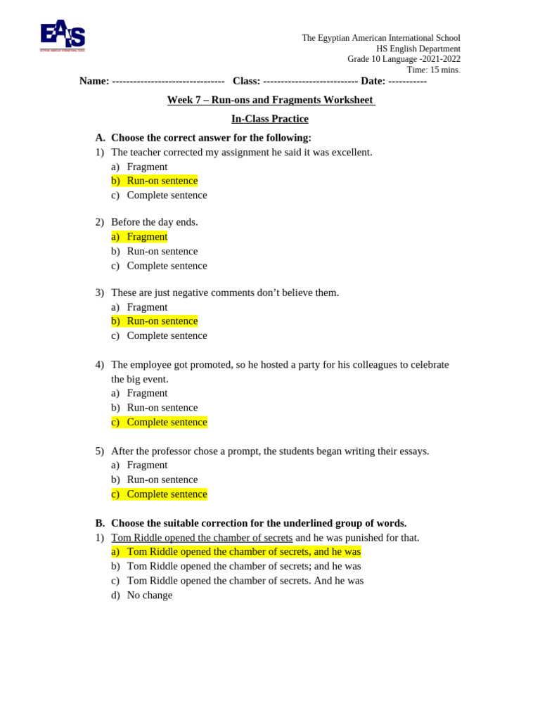 Wk7-Lang-G10 - Grammar Run-Ons and Fragments In-Class Practice AK | PDF ...