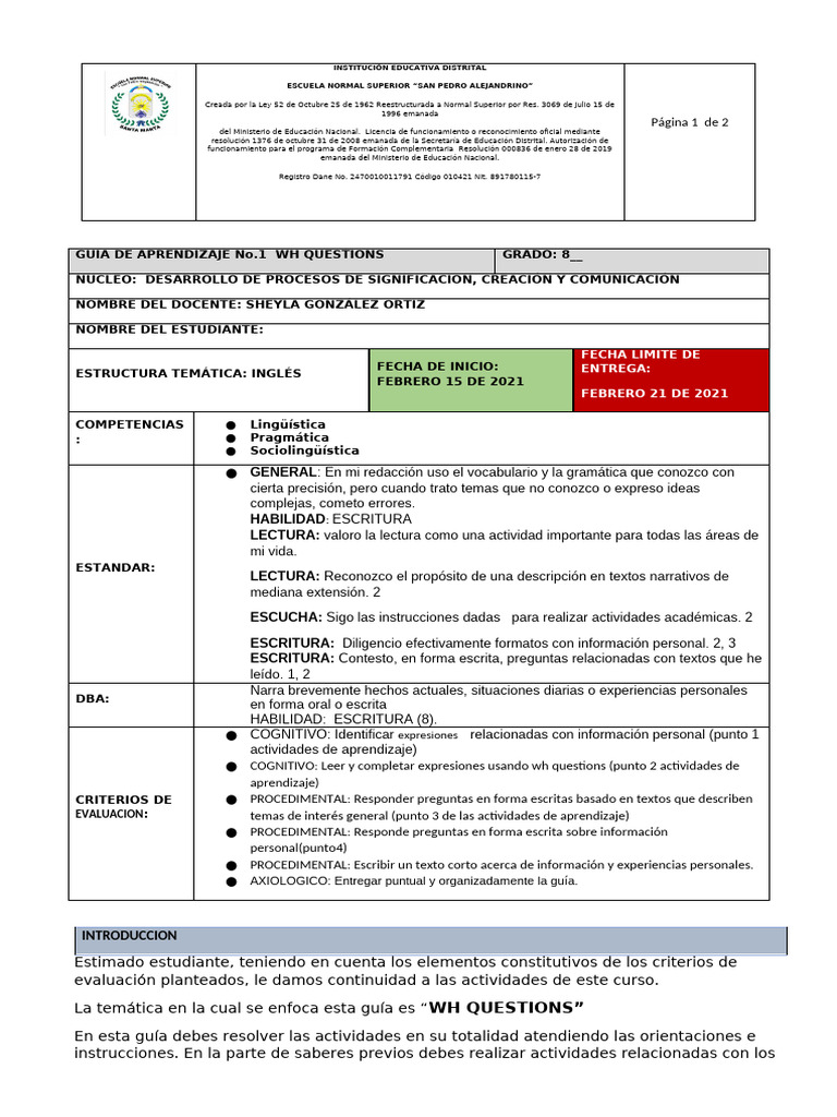 Guia Numero 1 Octavo 2021 | PDF | Evaluación | Aprendizaje