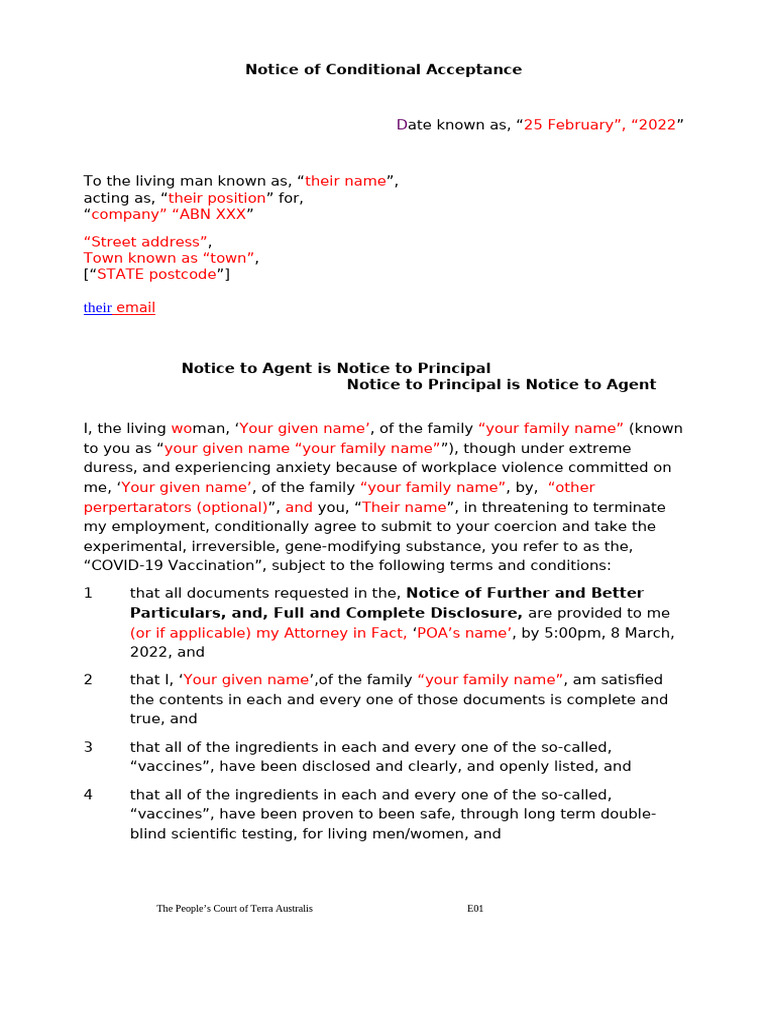 Notice of Conditional Acceptance Template | PDF | Common Law | Justice