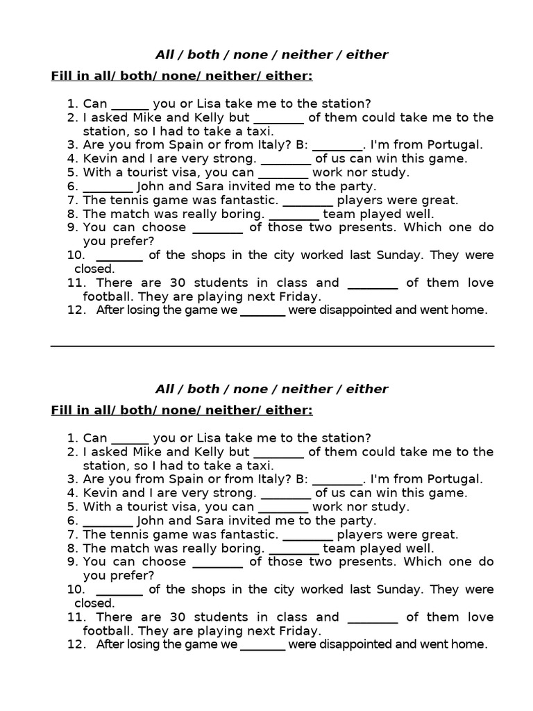 Exercises on All, Both, None, Either | PDF
