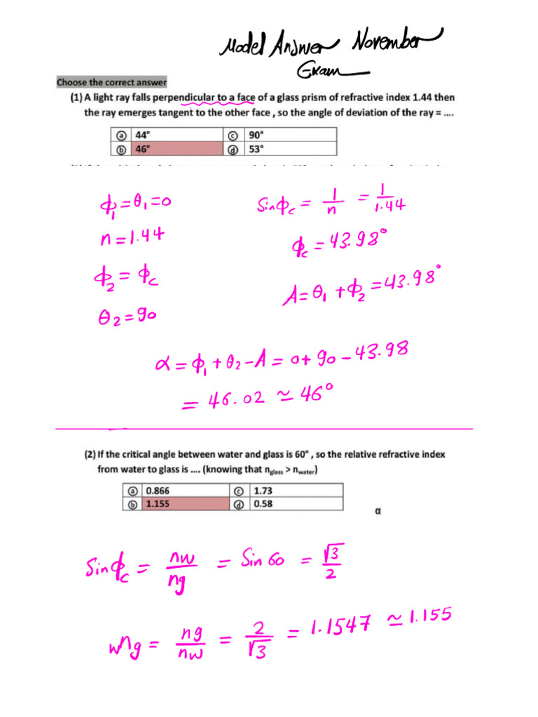 November Exam Model Answer | PDF | Optics | Electromagnetic Radiation