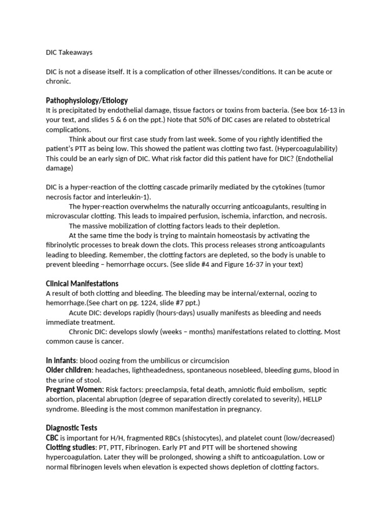 DIC Takeaways | PDF | Bleeding | Coagulation