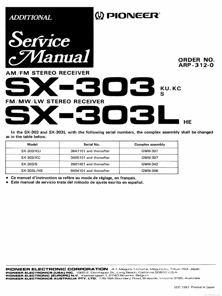 Hfe Pioneer Sx-303 303l Service Arp-312-0 en | PDF