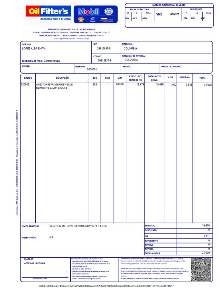 OIL FILTER´S - FACTURA VM2 356921 - 12 JUNIO 2024. - | PDF | Industrias de servicio