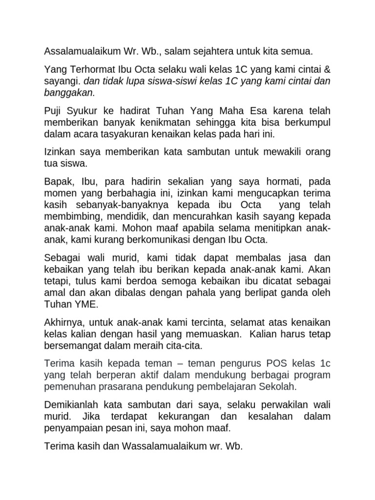 Sambutan Ketua Pos Kelas 1c | PDF