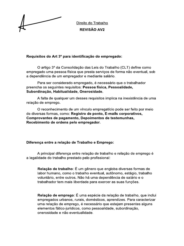 Direito Do Trabalho - Revisão AV2 | PDF