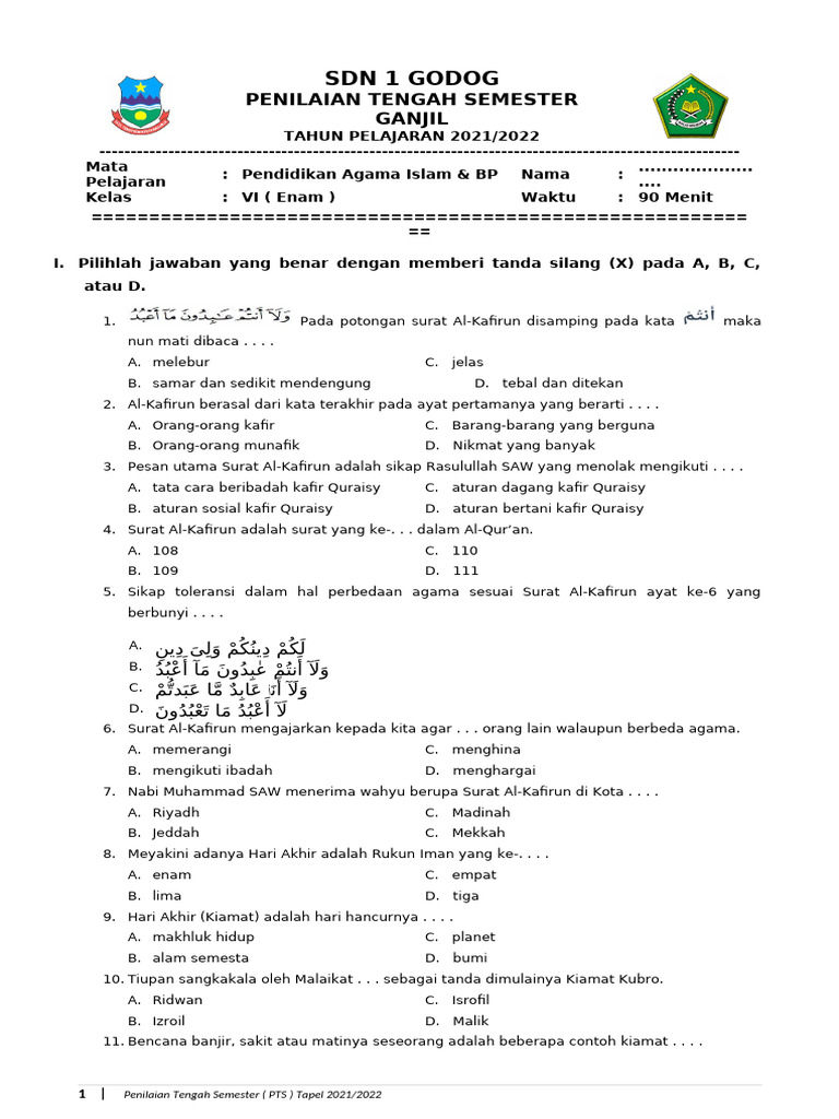 SOAL PTS PAI KELAS 6_SMT 1 GARUDA | PDF