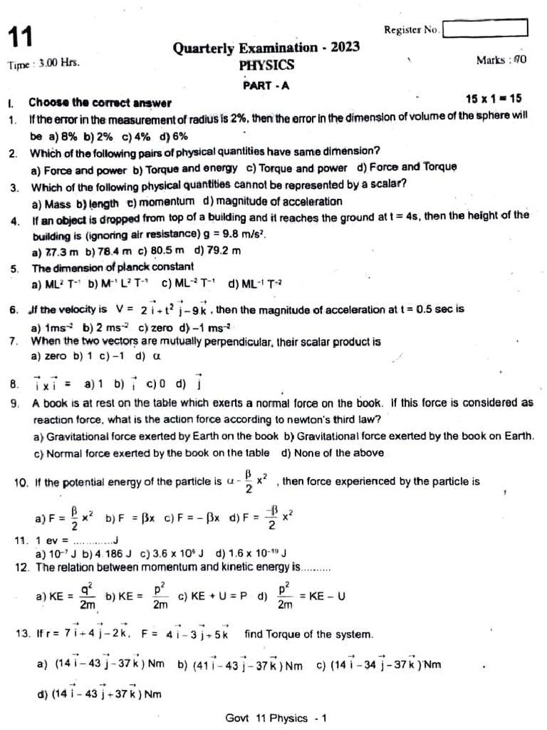 11th Physics EM Quarterly Exam 2023 Original Question Paper Covai District English Medium PDF ...