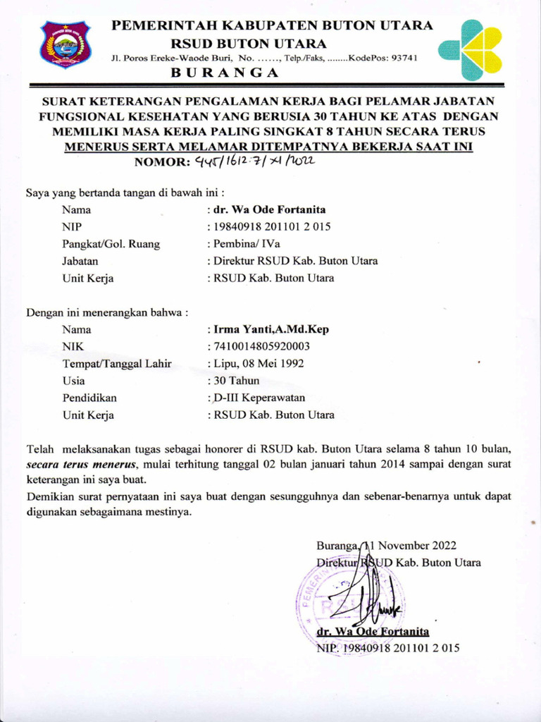 Surat Pengalaman Kerja RSUD Buton | PDF