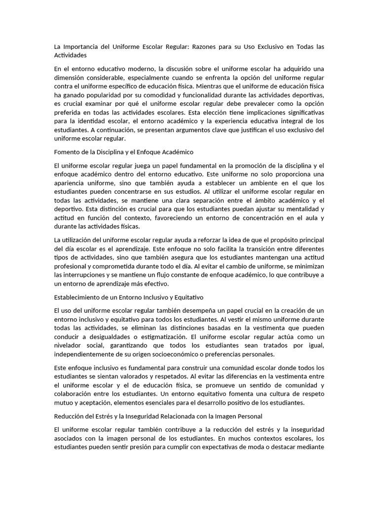 Importancia del Uniforme Escolar Regular | PDF | Educación Física ...