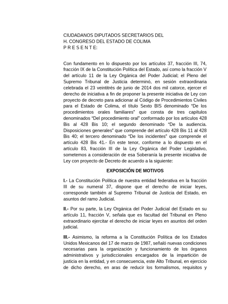INCIATIVA FINAL Procedimiento Oral Familiar .... 01-07-2014 | PDF | Sentencia (ley) | Divorcio