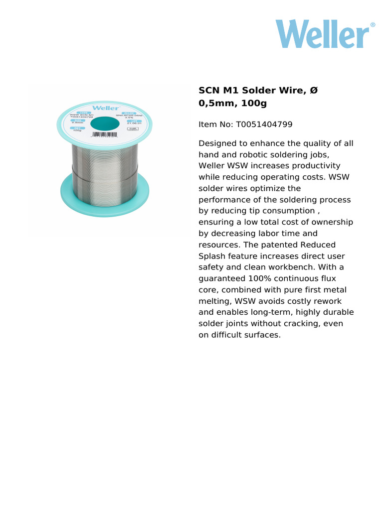 Datasheet - SCN M1 Solder Wire Ø 05mm 100g - T0051404799 | PDF