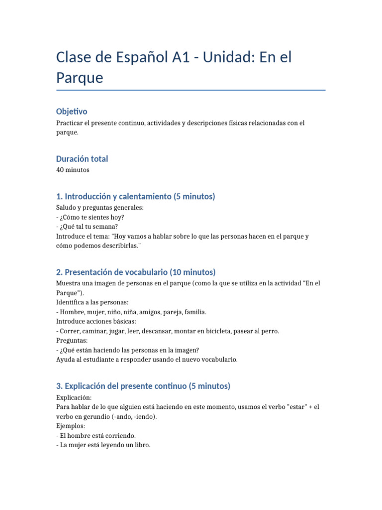 Clase de Espanol A1 en El Parque (1) | PDF