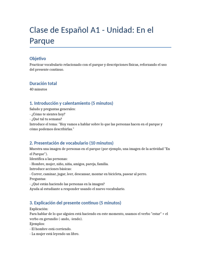 Español A1: Vocabulario del Parque | PDF