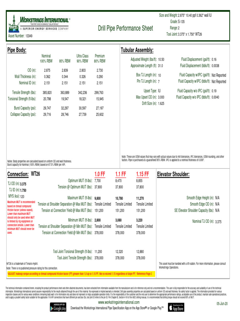 2.875 S135 WT26 Drill Pipe | PDF | Mobile App | Pipe (Fluid Conveyance)