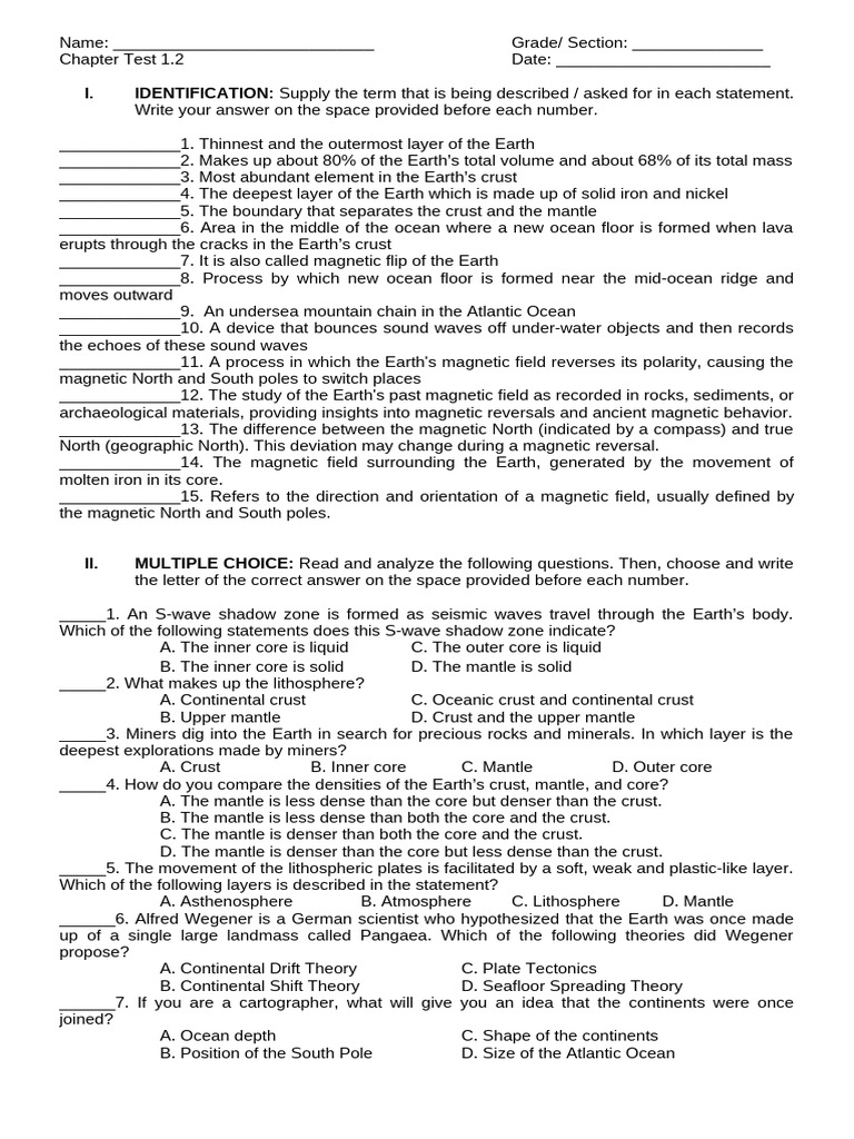 Chapter-Test-1.2 | PDF | Plate Tectonics | Earth