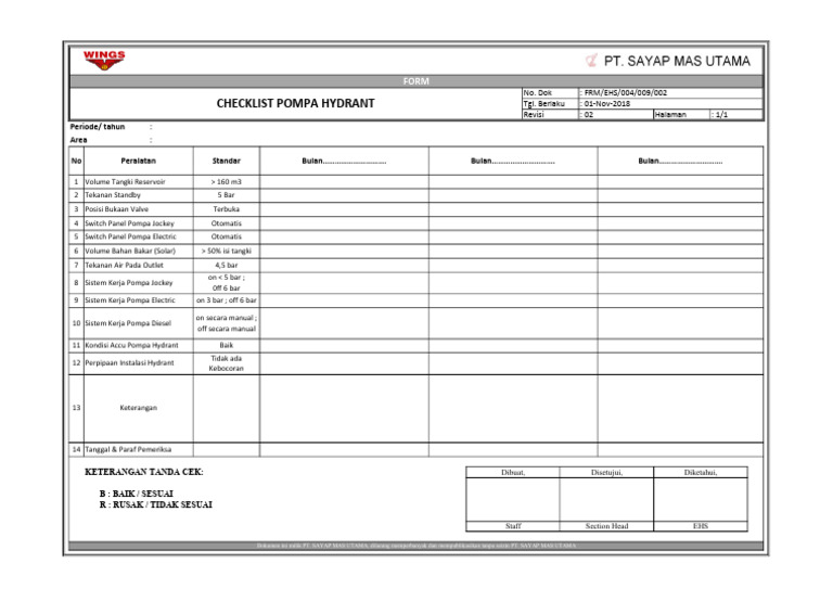 FRM-EHS-004-009-002 Ceklist Pompa Hydrant | PDF