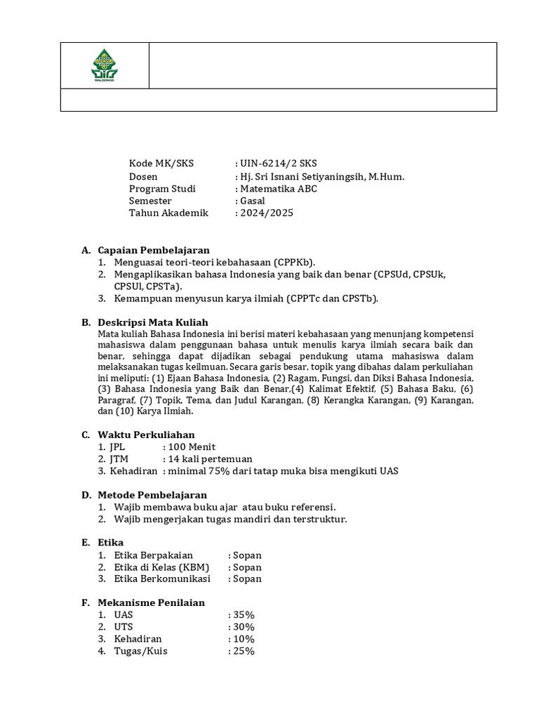 Kontrak Belajar BIKTI 2024 MAT-1 | PDF