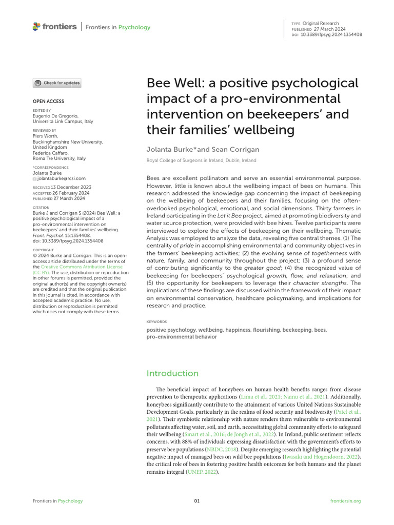 Bee Well - A Positive Psychological Impact of A Pro-Environmental ...