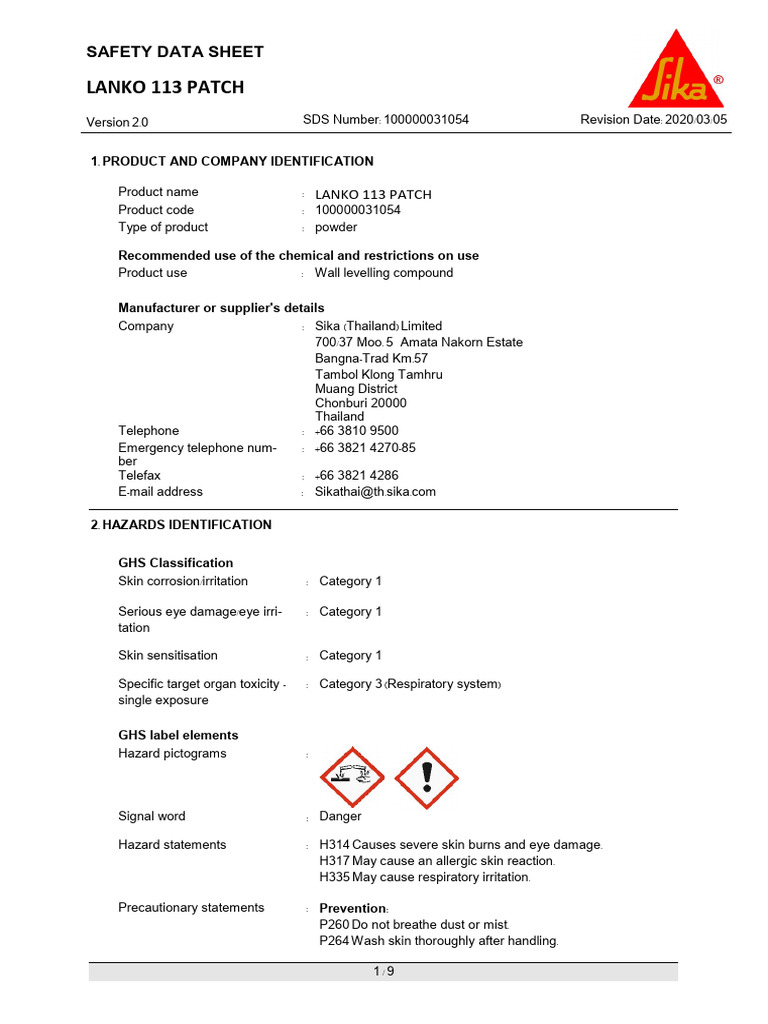 LANKO 113 Patch Safety Data Sheet | PDF | Occupational Safety And Health | Safety