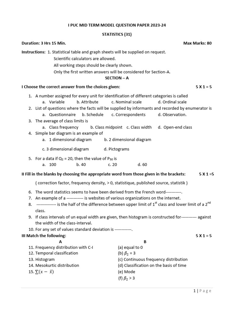 I Puc Mid Term Stats Model Question Paper | PDF | Statistics | Histogram
