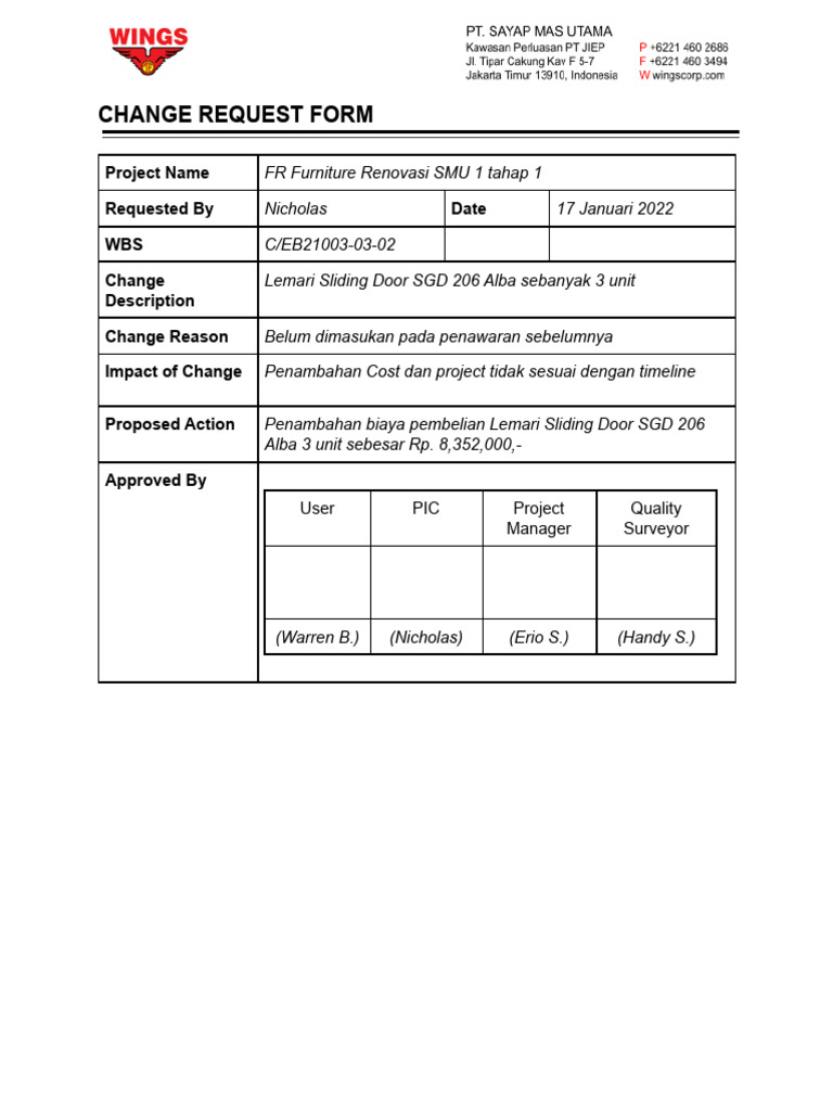 Change Request Form Lemari Sliding Door SGD 206 Alba.docx | PDF