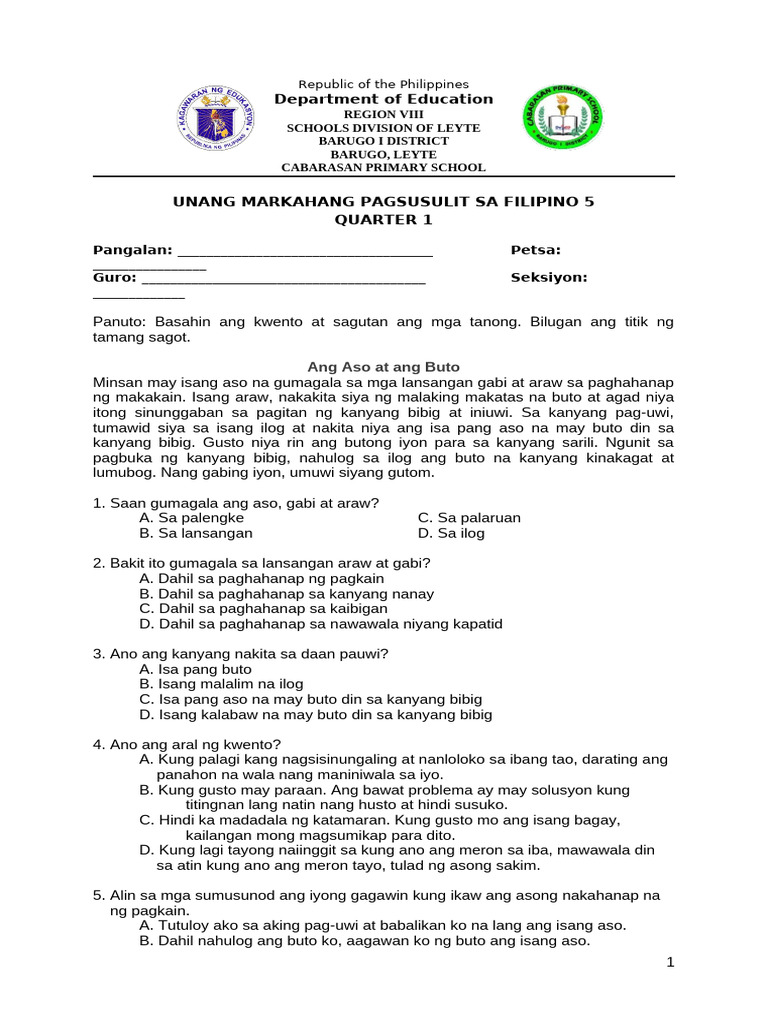 FIRST PERIODIC TEST FILIPINO 5, 2024-2025 | PDF