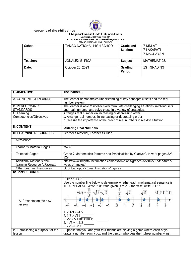 Grade 7 Math: Ordering Real Numbers | PDF | Learning | Numbers