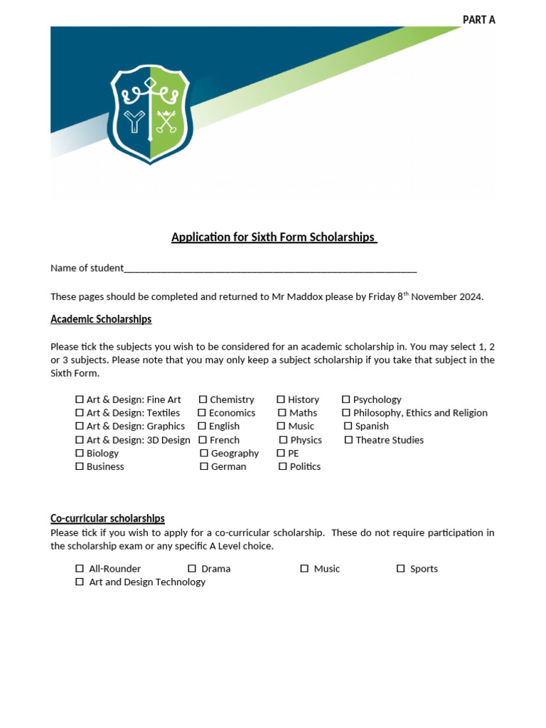 Application For Scholarships Part A 2024 | PDF