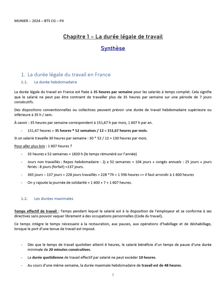 Synthèse - Chapitre 1 - La Durée de Travail | PDF | Heures ...