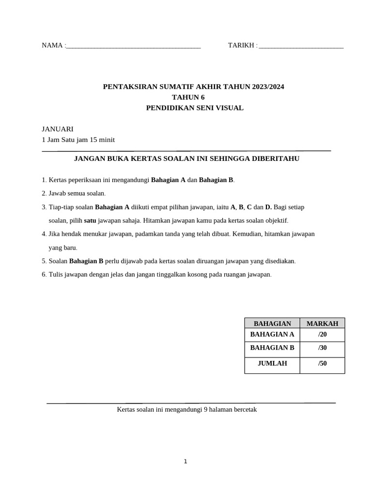 Soalan Peperiksaan Seni Visual Tahun 6 | PDF