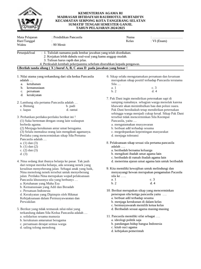 Soal PTS PPKN Kelas 6 2024-2025 | PDF