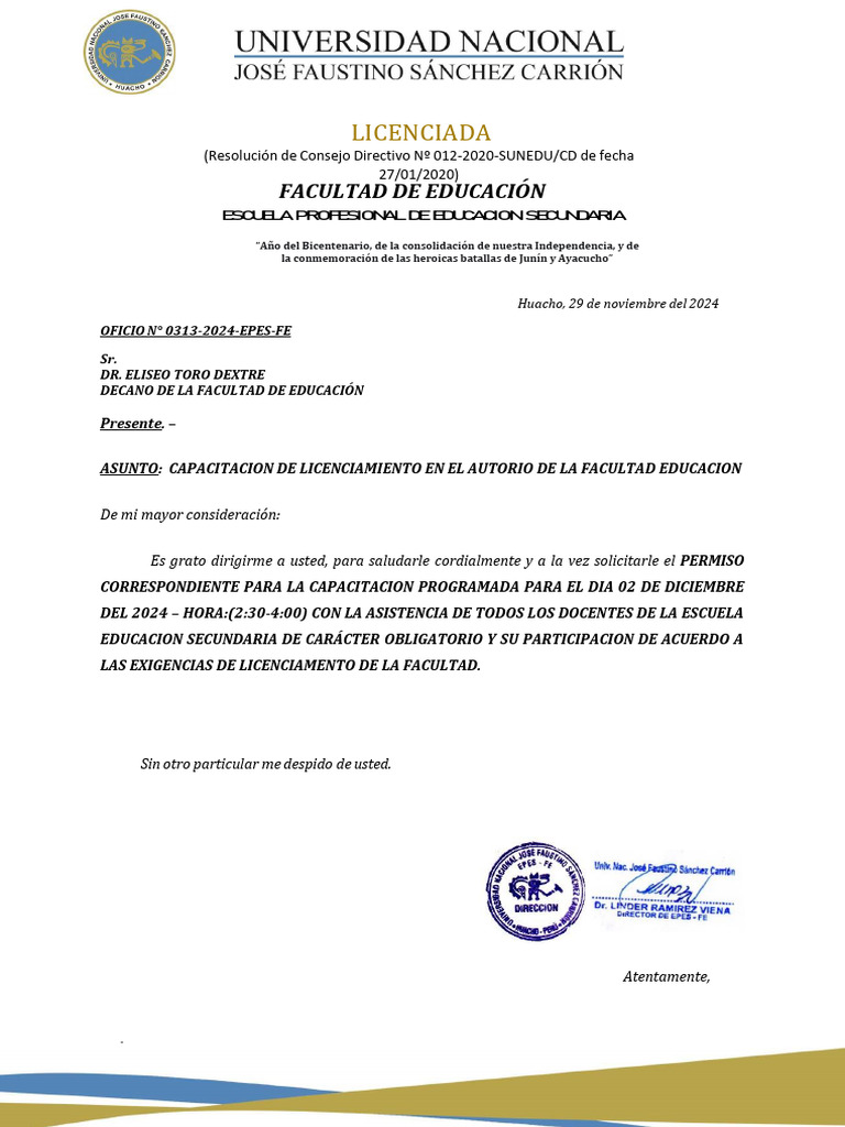 OFICIO N° 0313-2024-EPES-FE-SOLICITO PERMISO PARA CAPACITACION | PDF