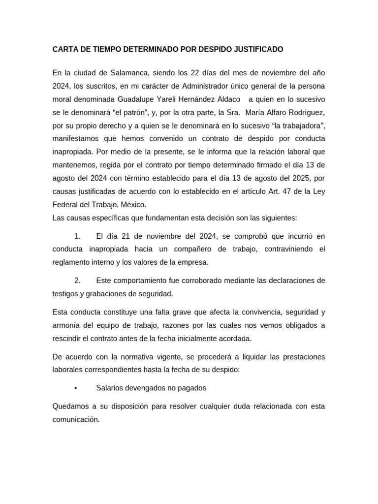 Despido Justificado por Conducta Inapropiada | PDF | Derecho laboral ...