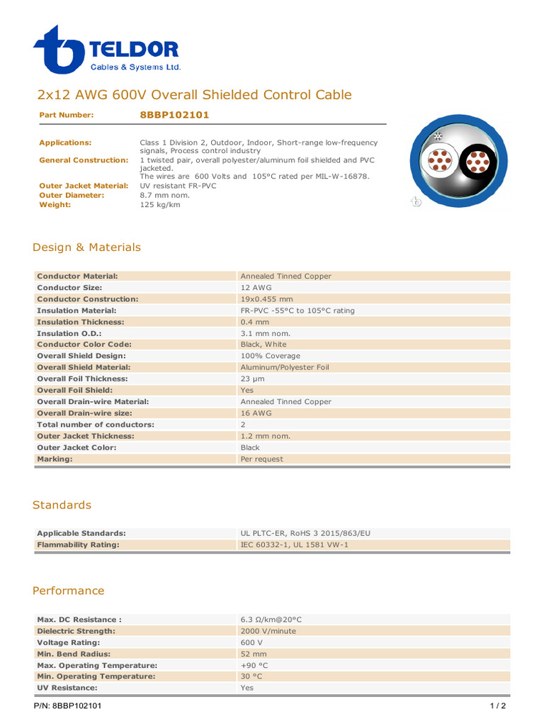 8bbp102101 Cable Control 2x12 Awg 600v + Foil | PDF | Electrical ...
