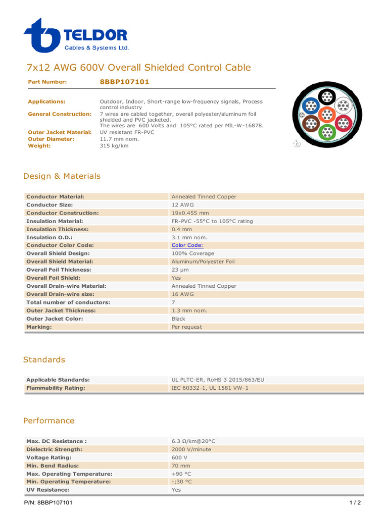 8bbp107101 Cable Control 7x12 Awg 600v + Foil | PDF | Electrical Conductor | Insulator (Electricity)