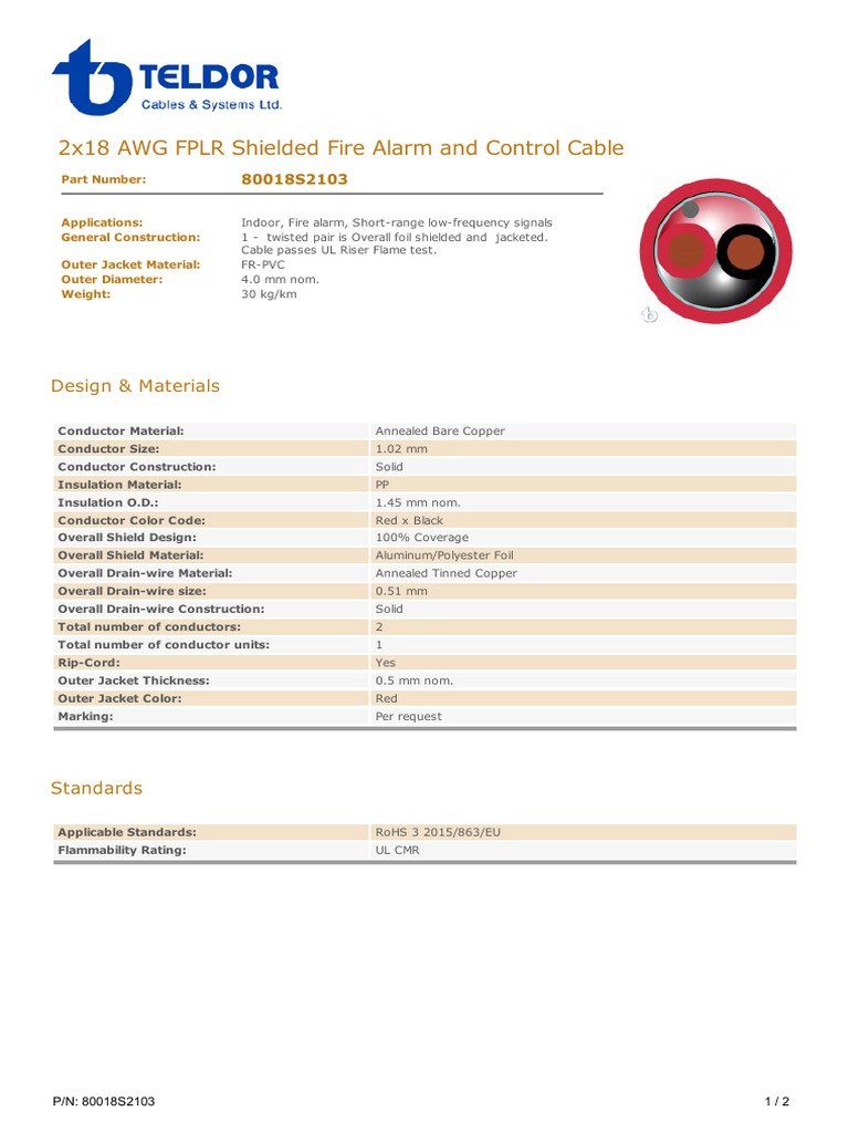 2x18 AWG Sup FPLR Shielded Fire Alarm and Control Cable 80018S2103 v 1 r 7 (1) | PDF ...