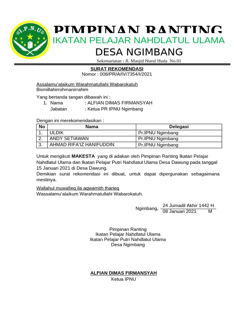 Surat Rekom Ipnu | PDF