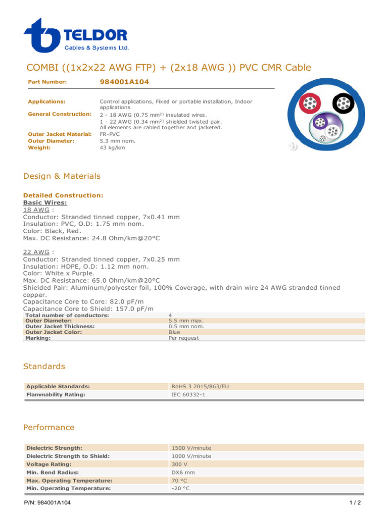 2x18 AWG PVC CMR Cable Specifications | PDF | Insulator (Electricity ...