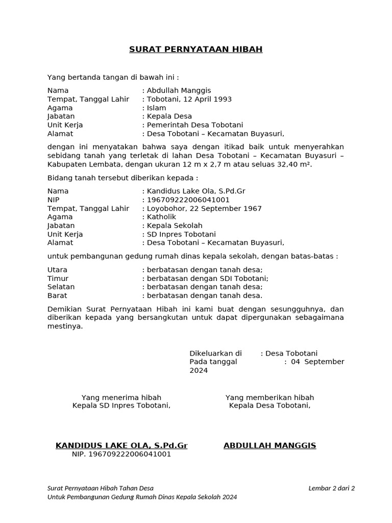 Surat Pernyataan Hibah Tanah TBT 24 | PDF